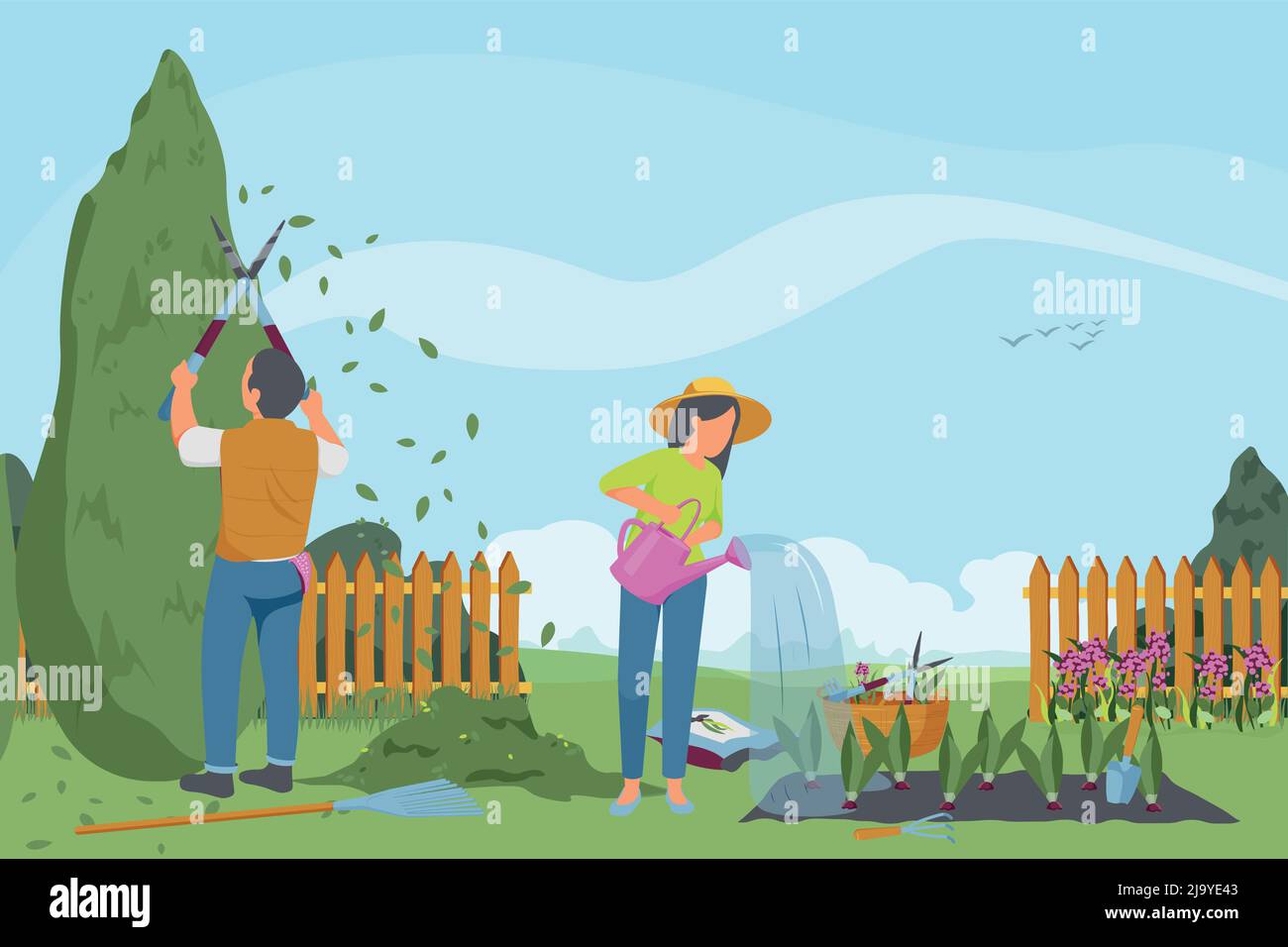 Spring gardening flat composition with characters of gardeners working ...