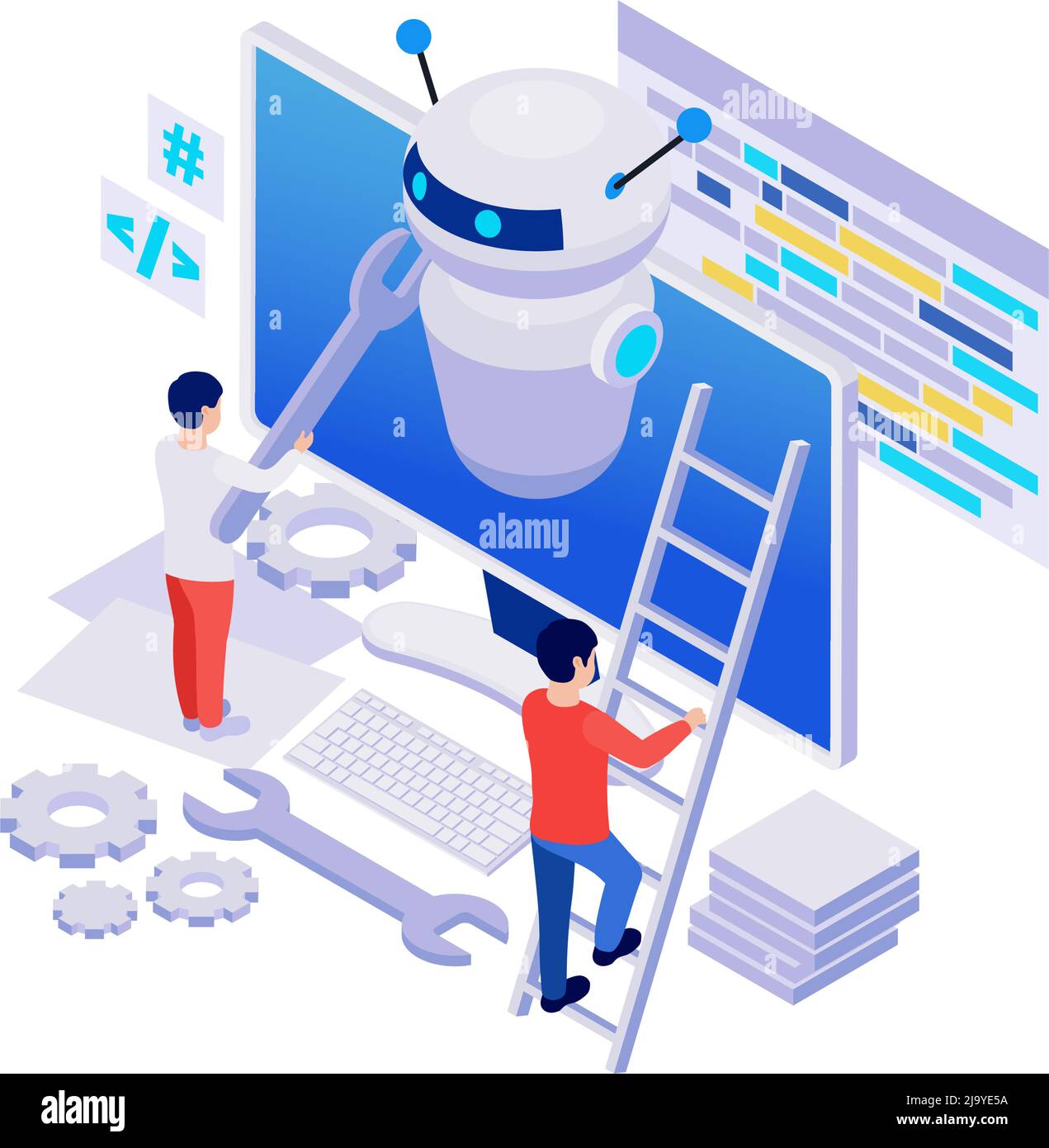 Characters fixing computer chatbot isometric icon 3d vector ...