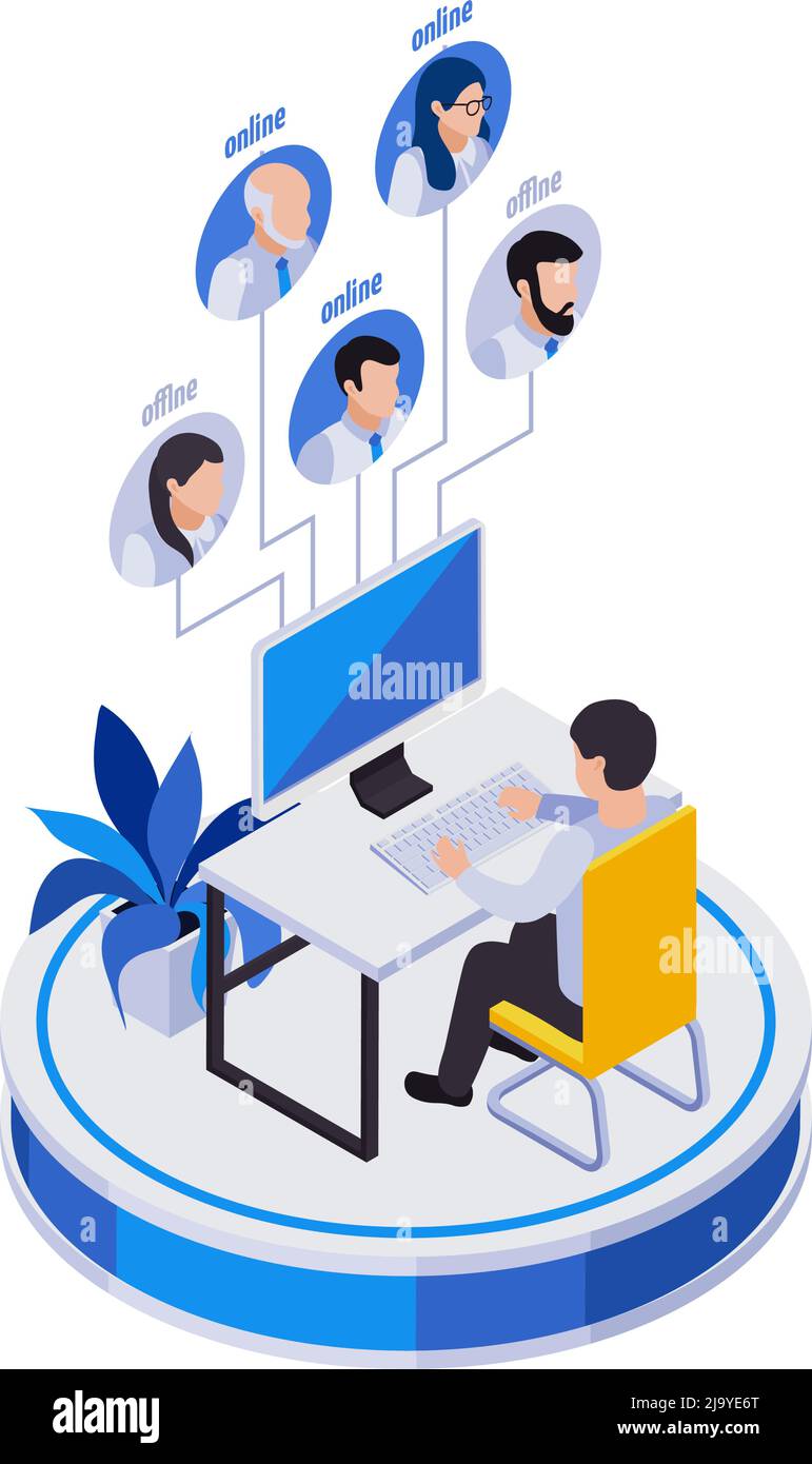 Remote management distant work isometric icons composition with man at ...