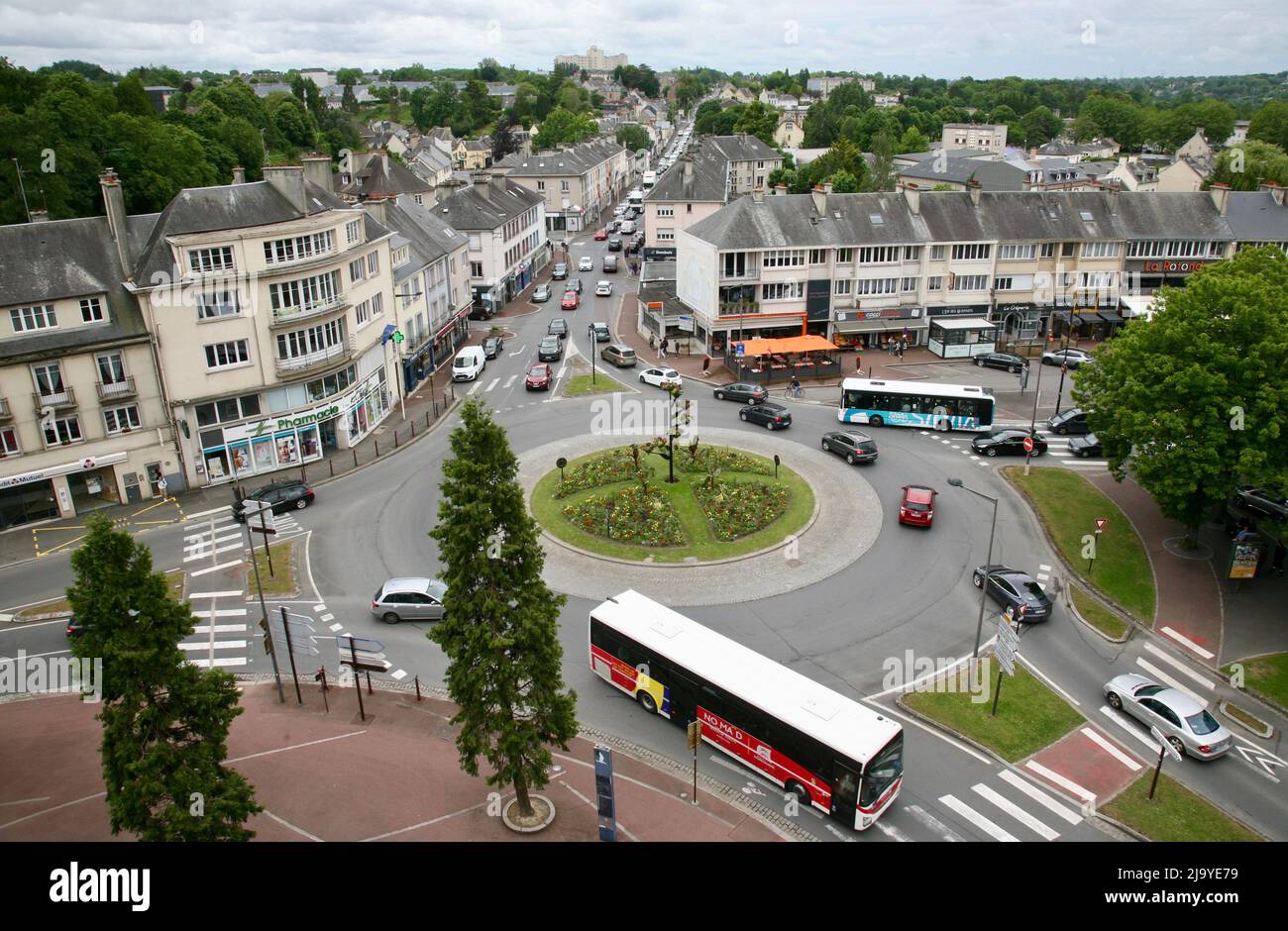 An aerial view of the road system in Saint Lo, Manche, Normandy, France ...