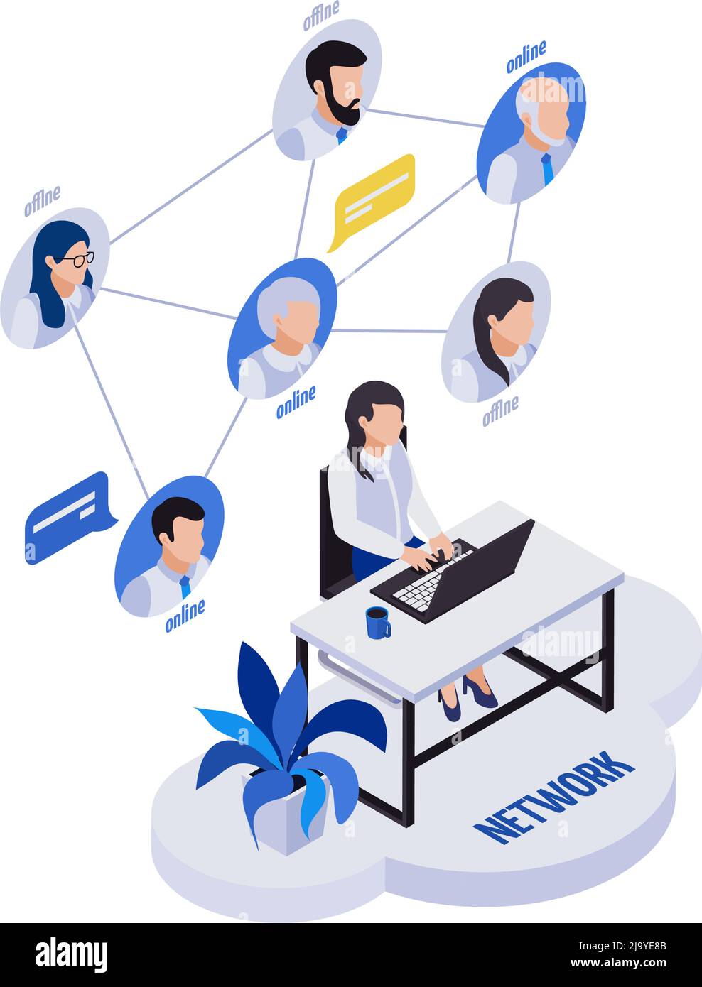 Remote management distant work isometric icons composition with woman ...