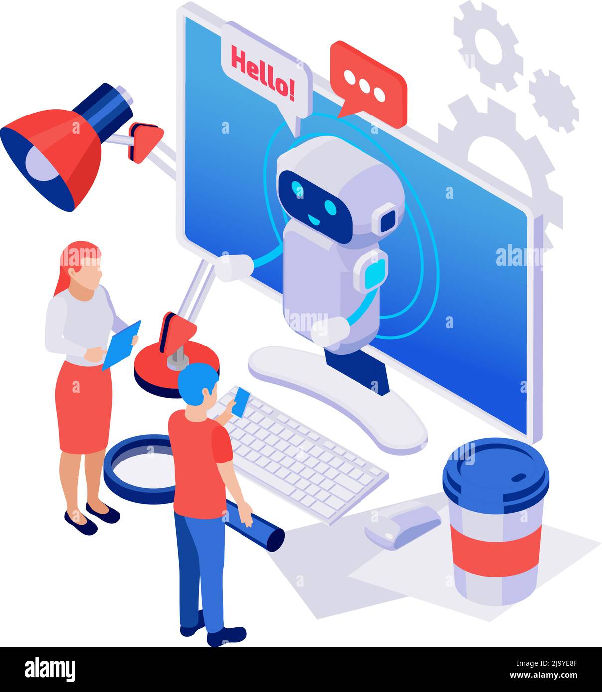 Cute chatbot greeting people isometric icon with computer and various ...