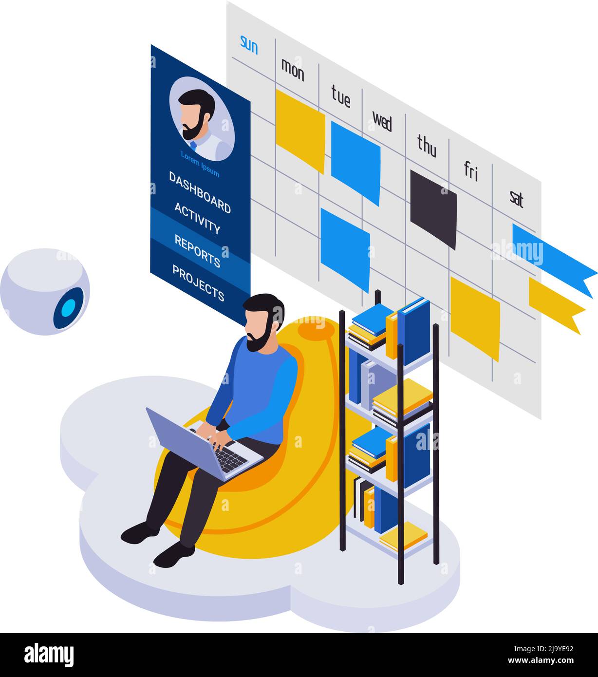 Remote management distant work isometric icons composition with bearded ...