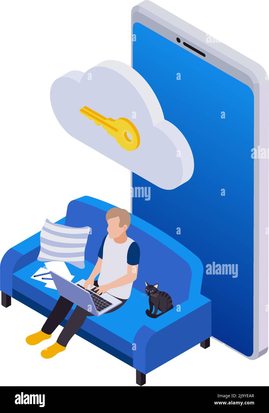 Remote management distant work isometric icons composition with man ...