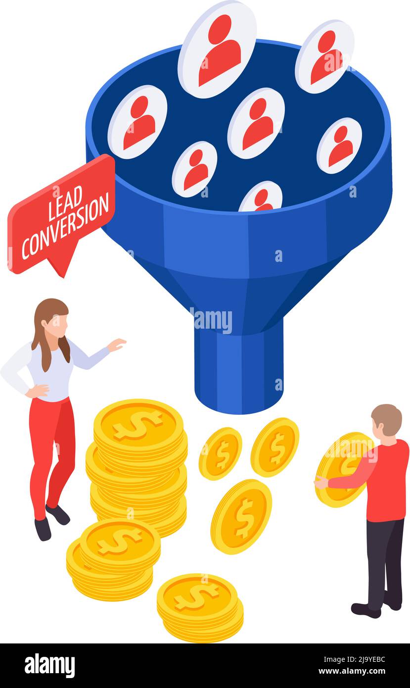 Lead conversion isometric concept with colorful 3d symbols on white ...