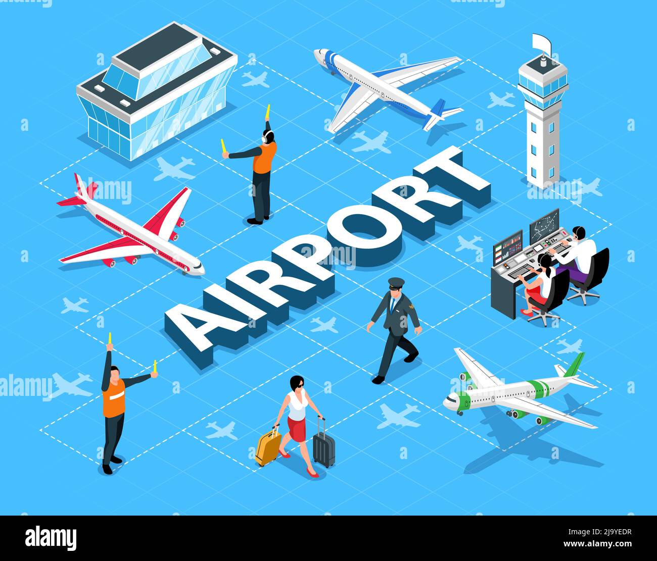 Isometric flowchart with airport building planes signalman control ...