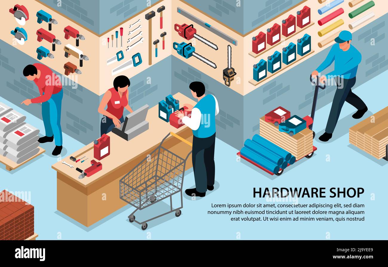 Isometric hardware tools shop horizontal background with text and ...