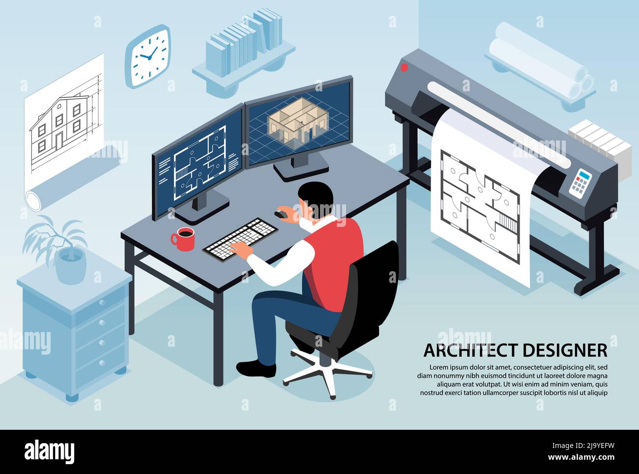 Architect designer horizontal poster with man sitting at his workplace ...