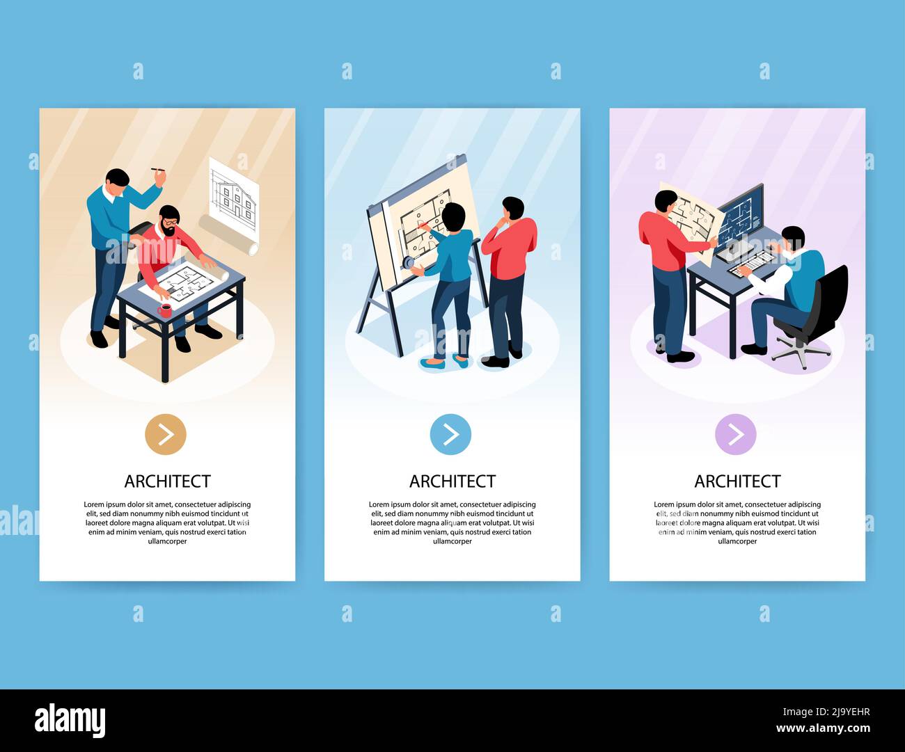 Architect vertical banners with designers developing construction ...
