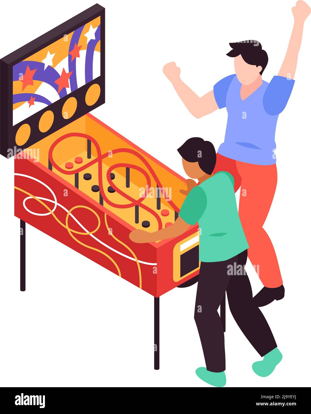 Isometric icon with happy people playing on game machine 3d vector ...