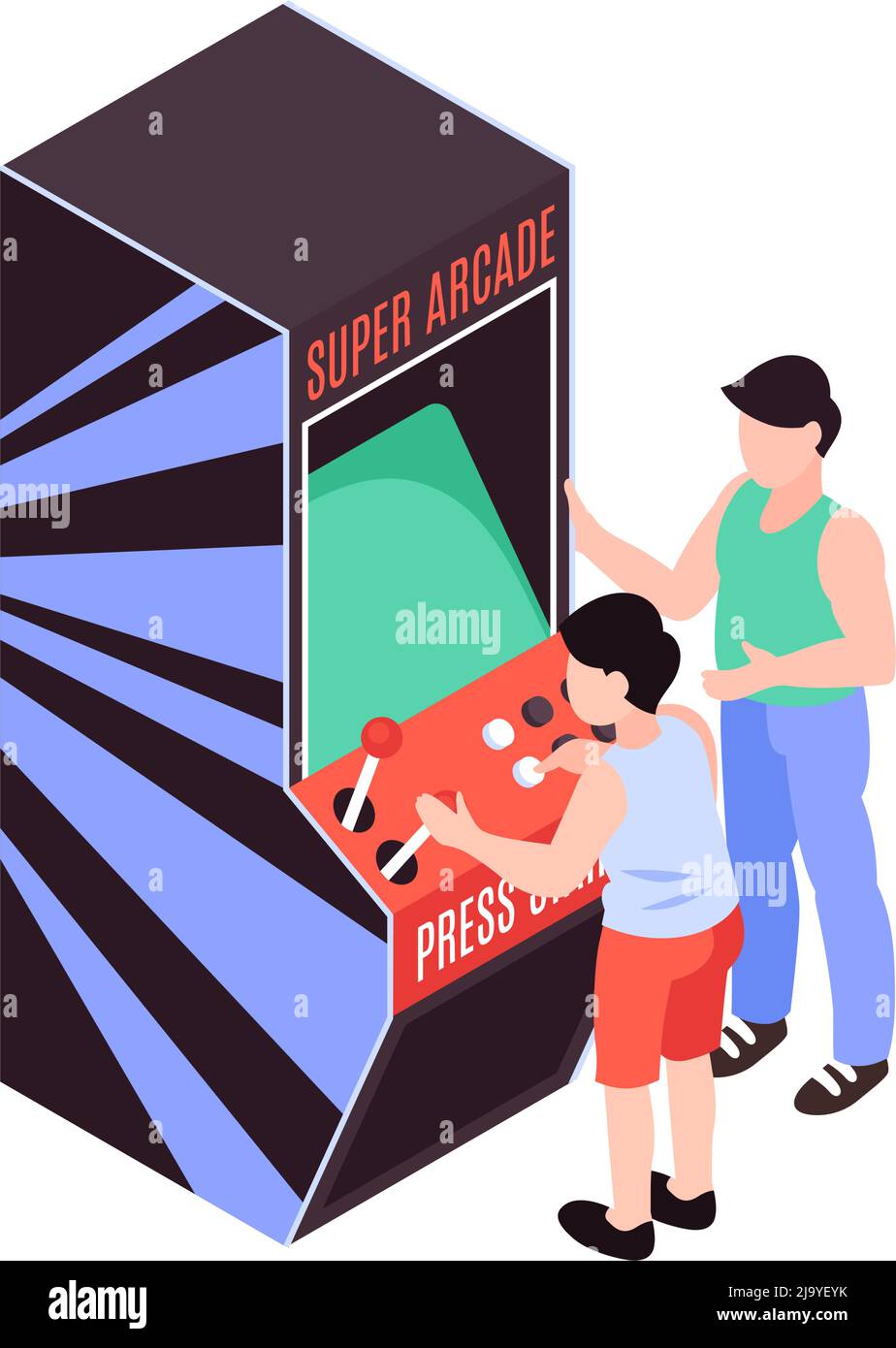 Two characters of kid and adult playing on arcade game machine 3d ...