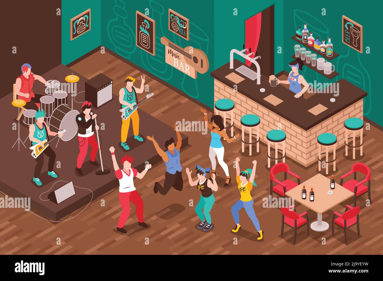 Music bar isometric interior with bartender at bar counter musicians ...
