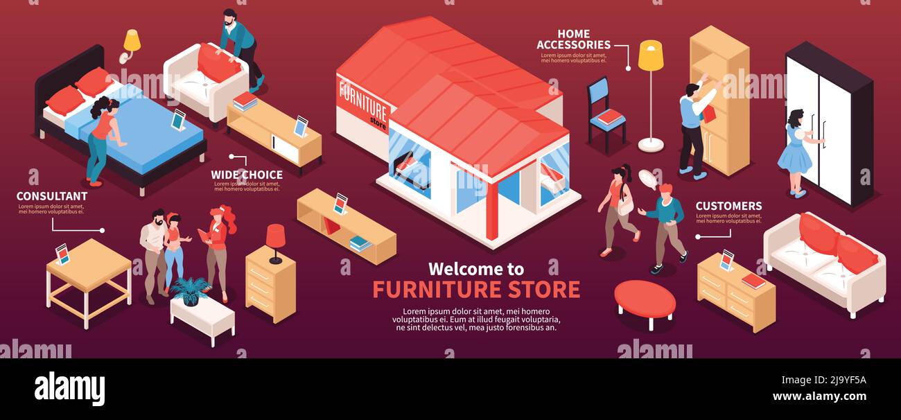 Furniture store horizontal infographics layout with consultant ...