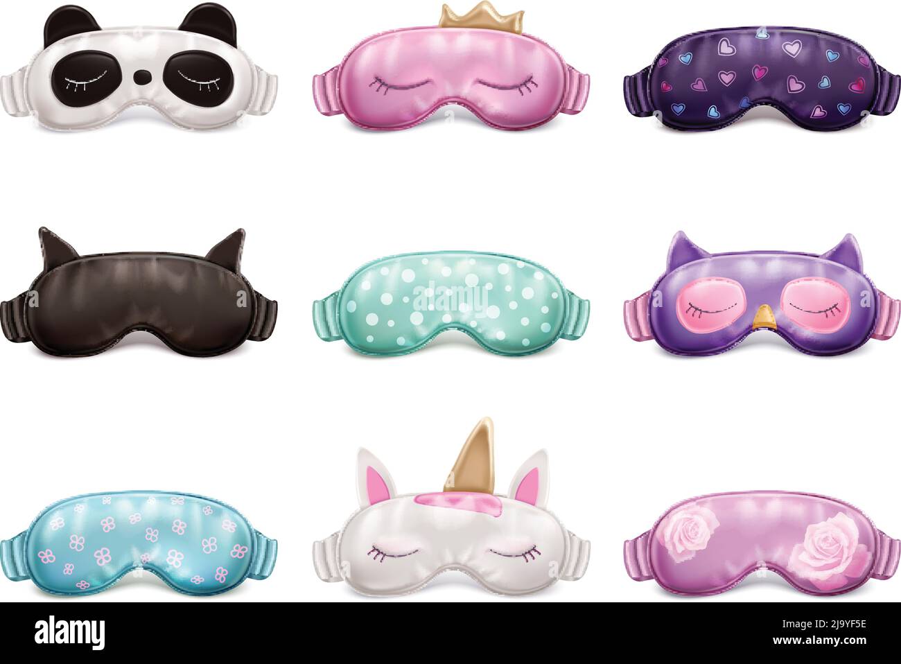 Realistic set of cute colorful sleeping masks with different patterns ...