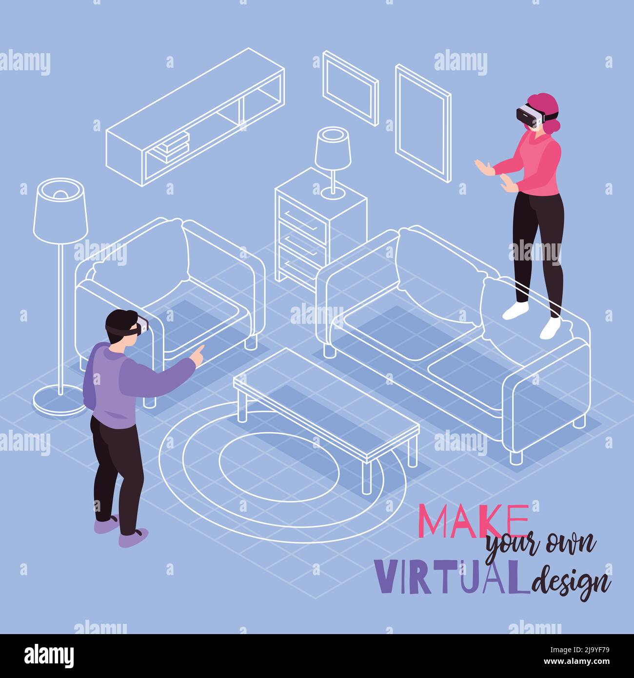 Virtual reality room furnish design isometric composition with visual ...