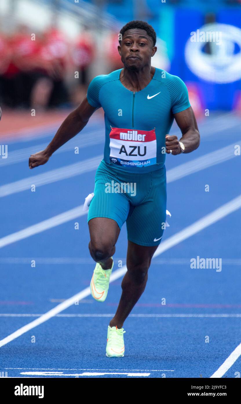 Jeremiah Azu competing in the men’s 100m B race at the Birmingham ...