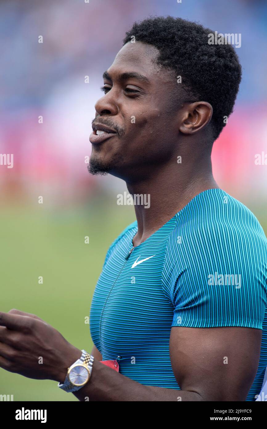 Jeremiah Azu competing in the men’s 100m B race at the Birmingham ...