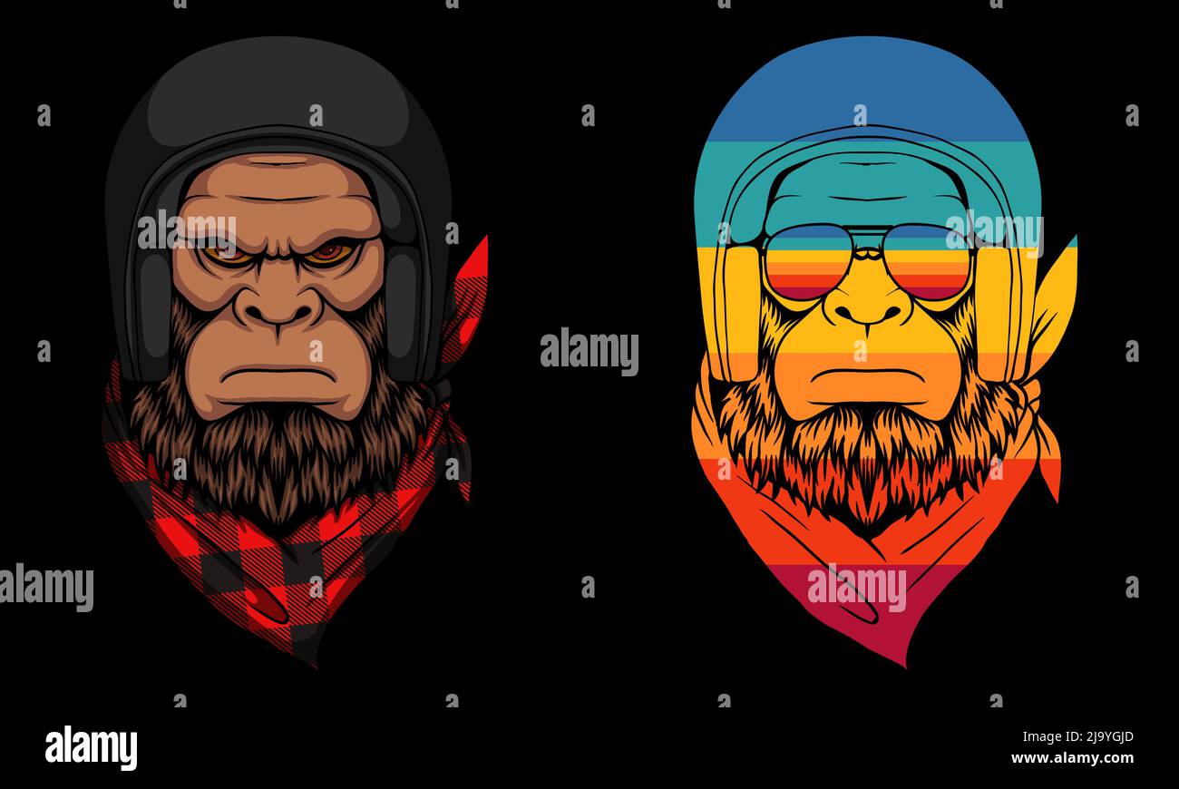 Bigfoot biker wearing a helmet and bandana lumberjack vector ...