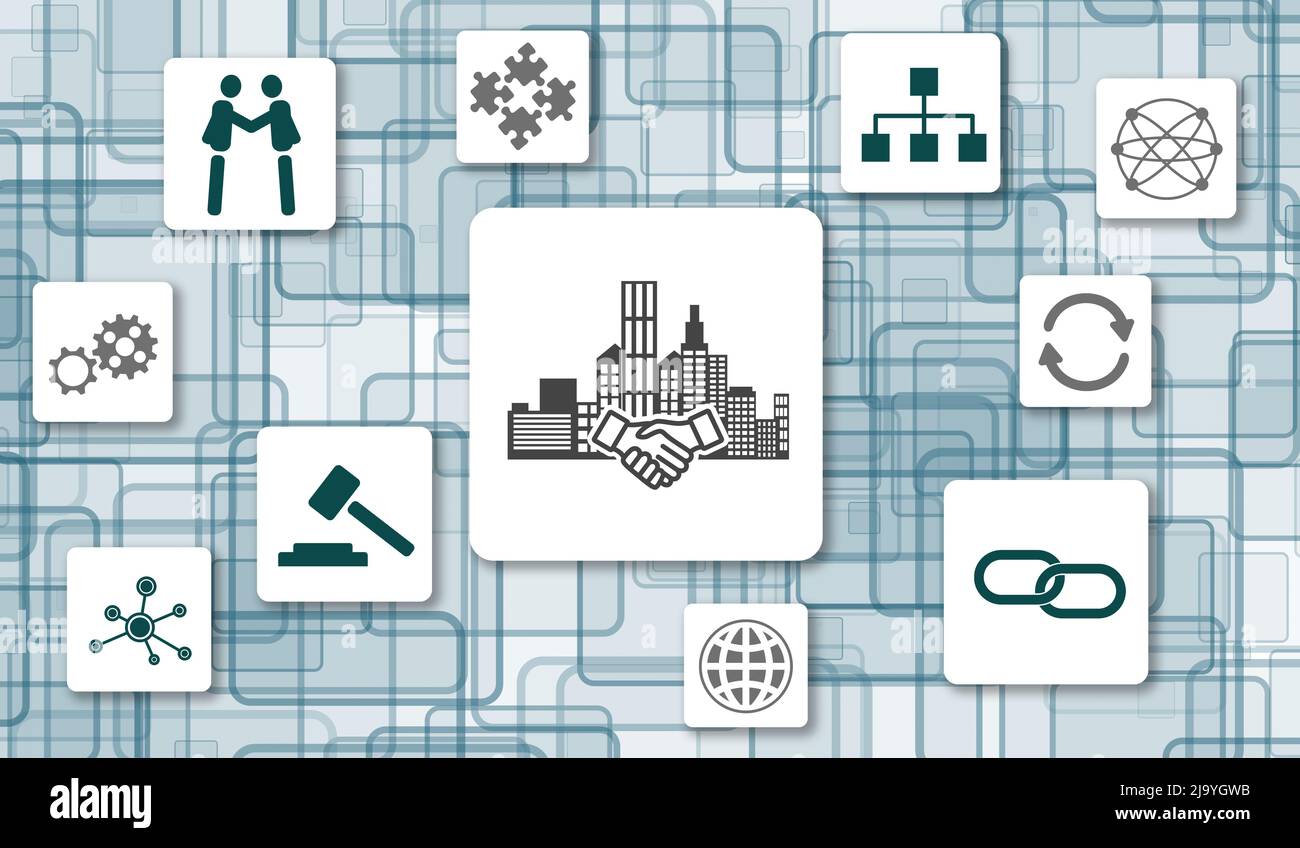 Concept of m&a with icons on squares Stock Photo - Alamy