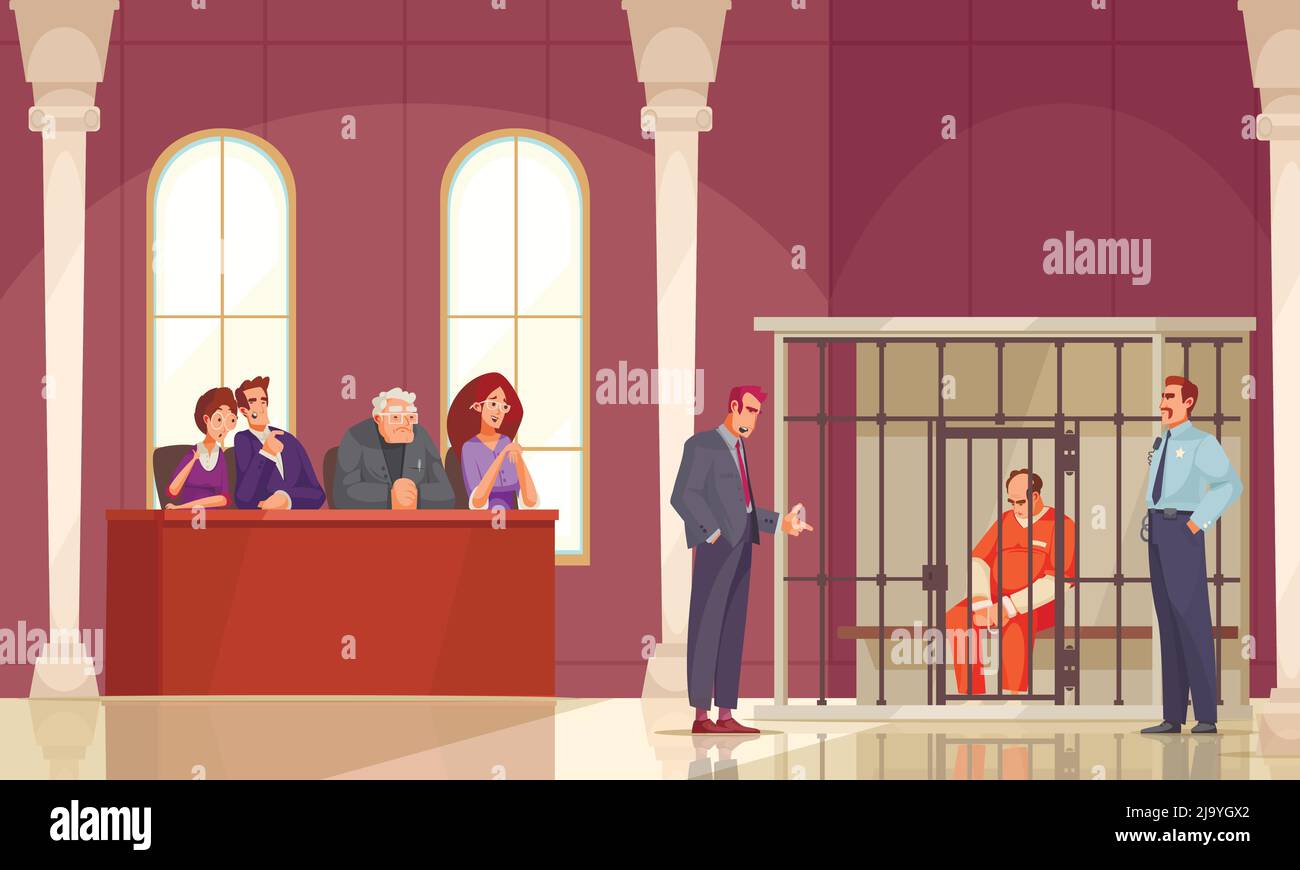 Law justice composition with indoor court scenery and prisoner in cage ...