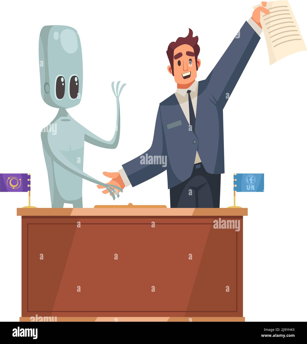 Alien and human shaking hands after signing partnership agreement ...