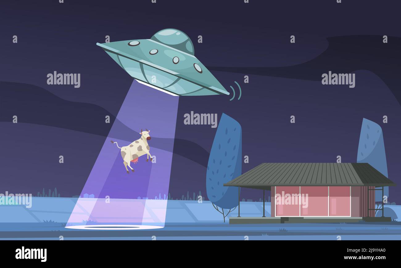 Alien ufo cow composition with outdoor night view of field and ufo ...