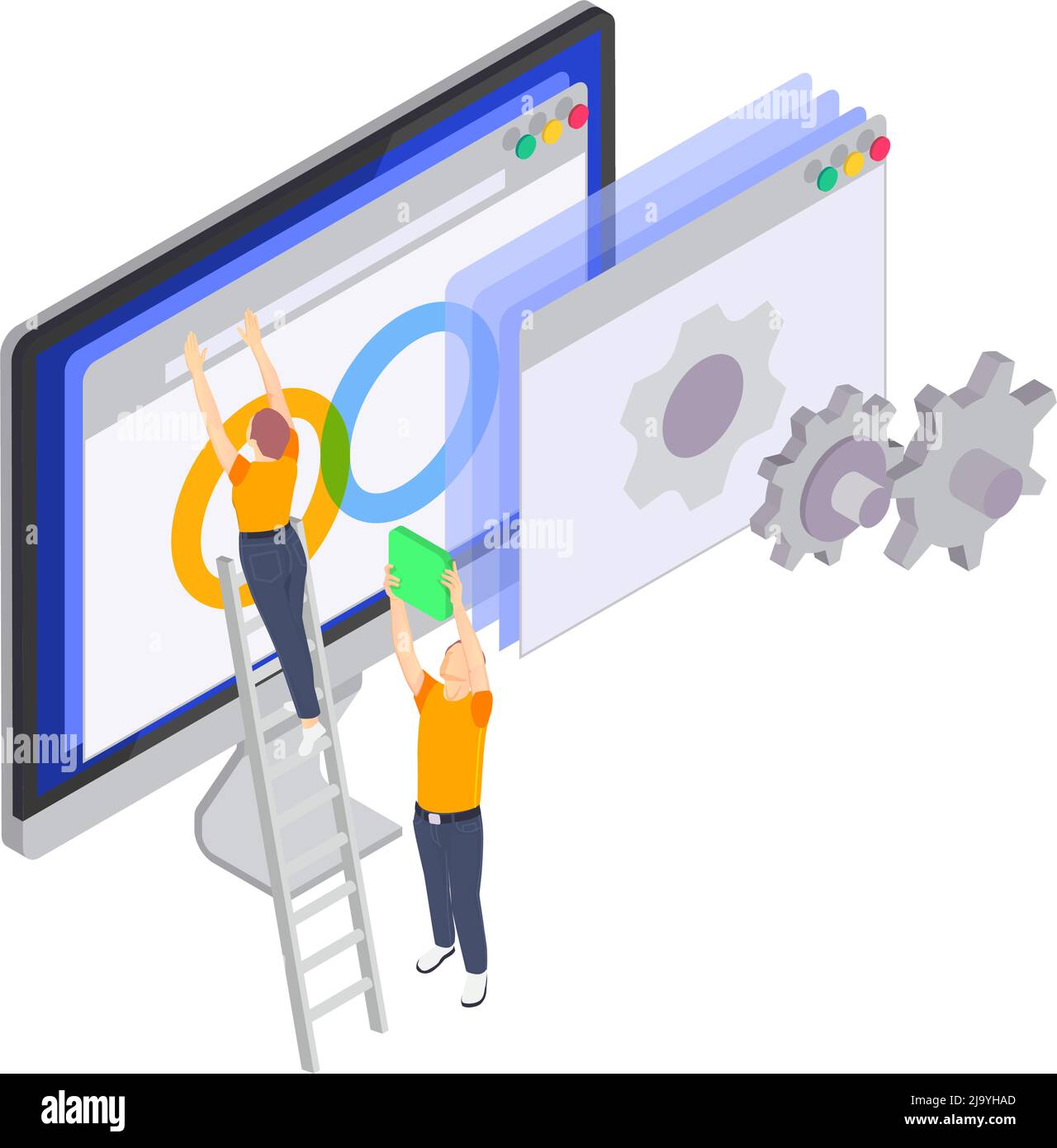 Programming Coding Development Isometric Icons Composition With Small People Moving Computer 1885