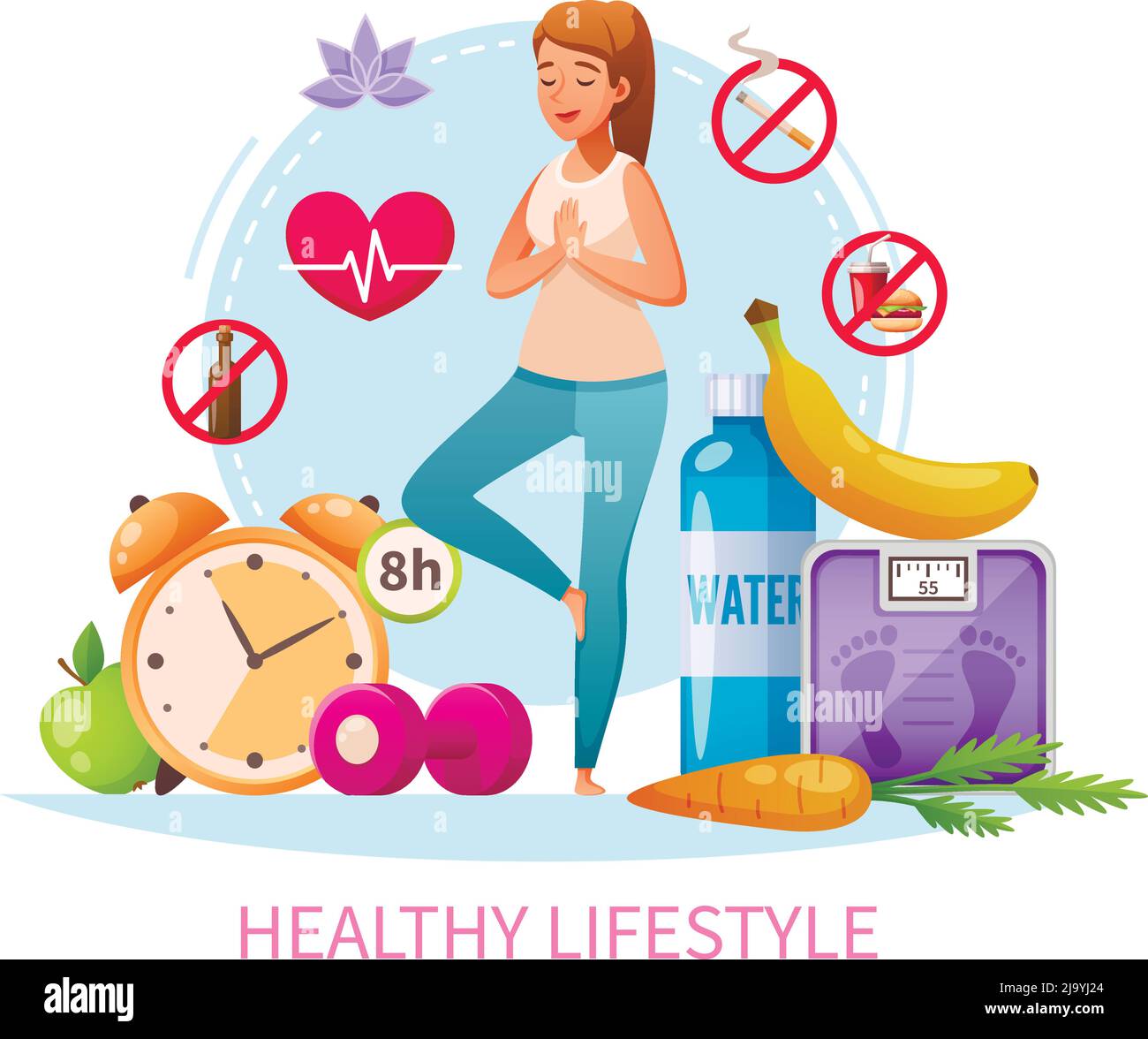 Healthy lifestyle habits cartoon composition with nonsmoking woman ...
