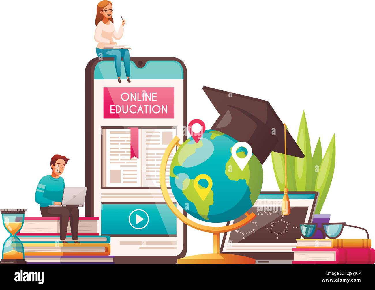 Online education worldwide cartoon composition with graduation cap ...