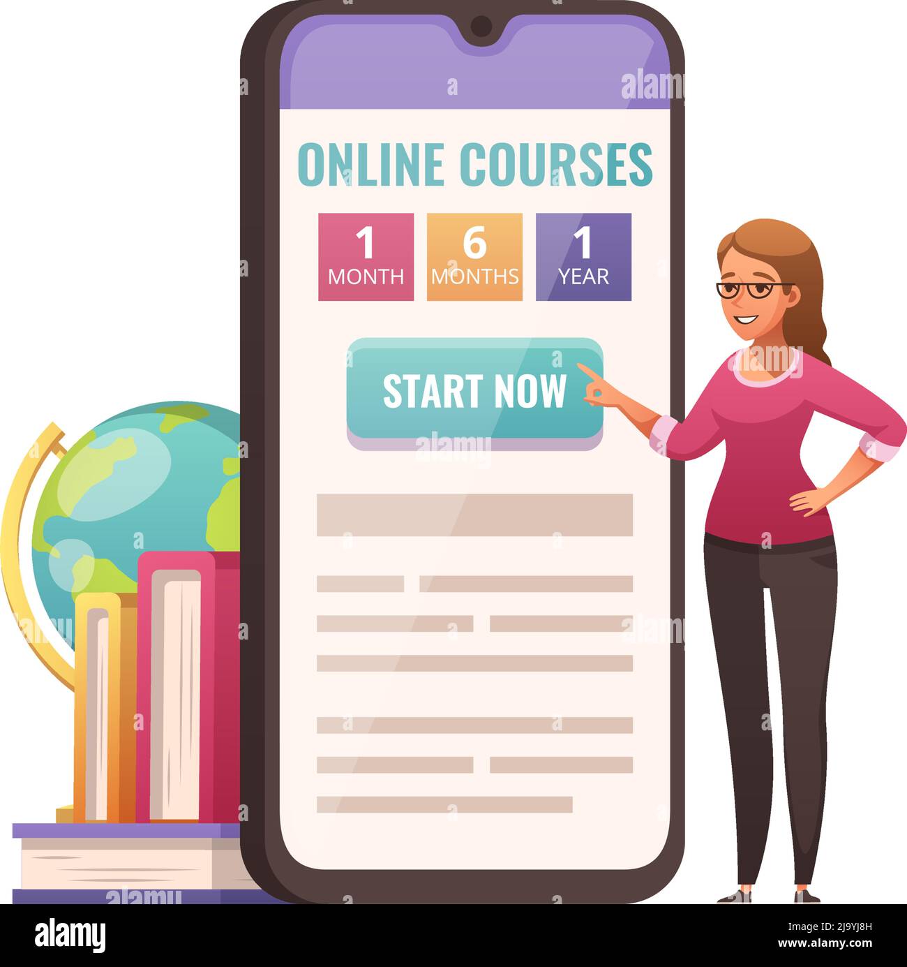 Online educational courses icon with smartphone app and cartoon ...