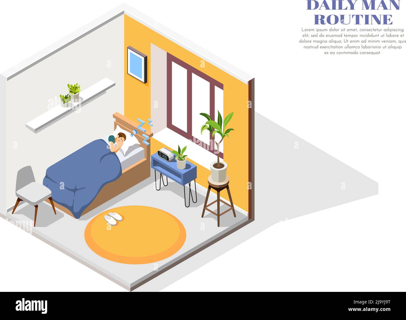 Daily routine isometric composition with man sleeping in his bedroom 3d ...