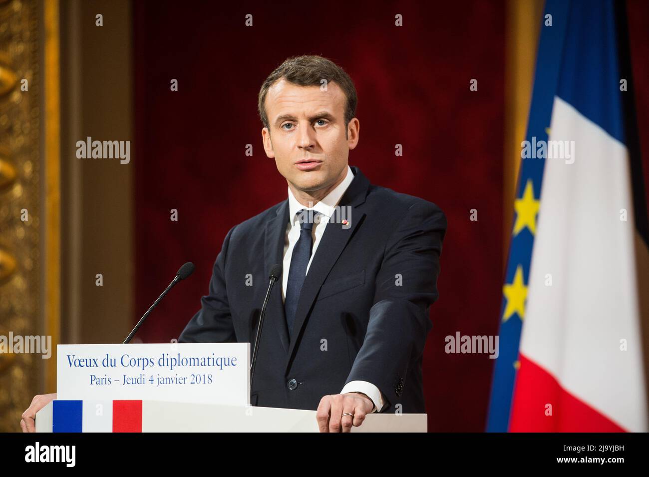 French President Emannuel Macron delivers his New Year wishes to the ...