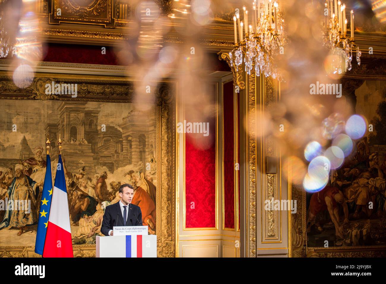 French President Emannuel Macron delivers his New Year wishes to the ...