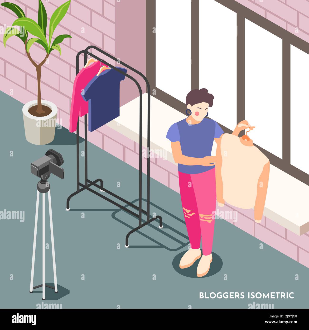 Isometric background with female fashion blogger holding sweater and ...