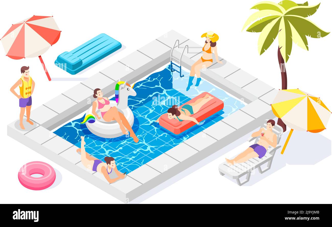People relaxing near pool with swimming equipment 3d isometric vector illustration Stock Vector ...