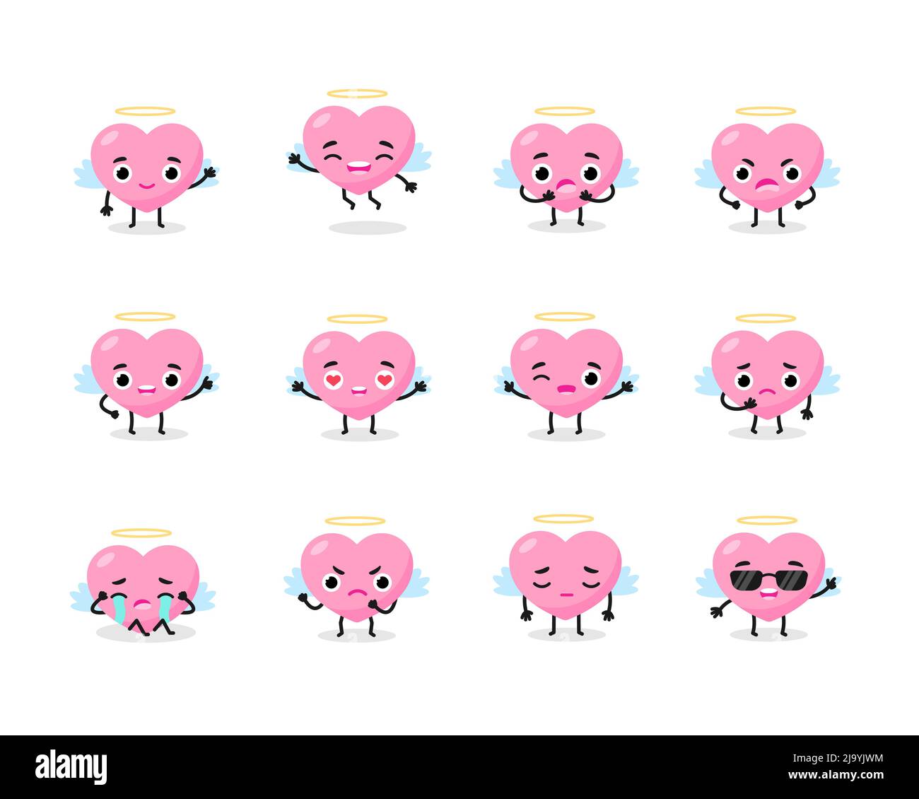 Flat pink collection emotions angel heart head face with wings Stock ...