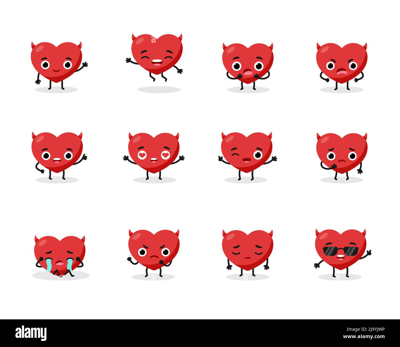 Flat red collection emotions evil heart head face with horns Stock ...
