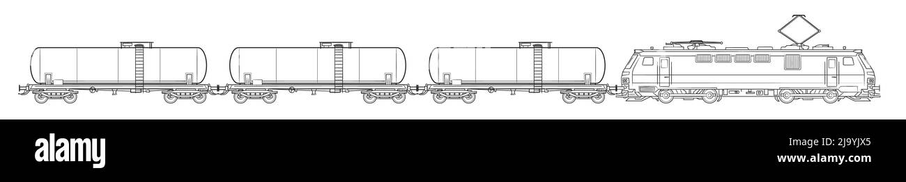 Electric cargo train with tanker wagons - outline vector stock ...