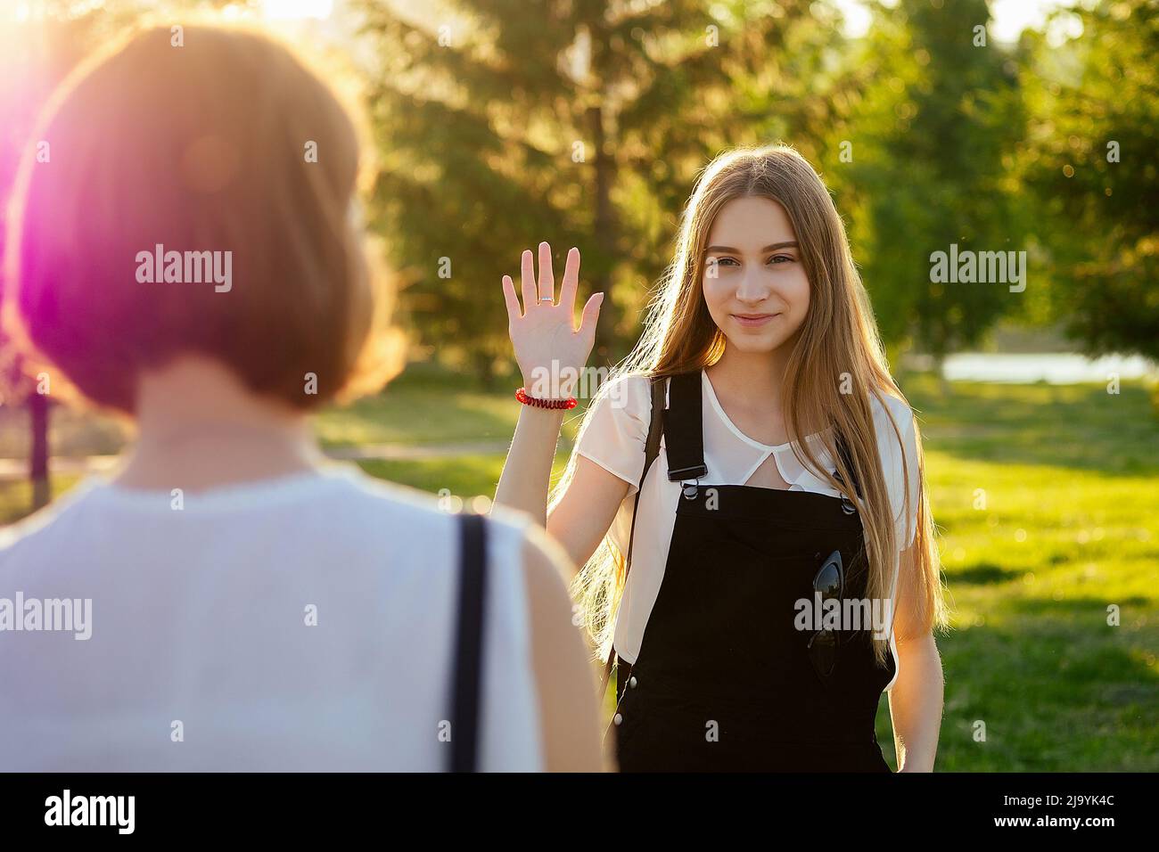two friendship best girlfriends student meeting in the park Stock Photo ...