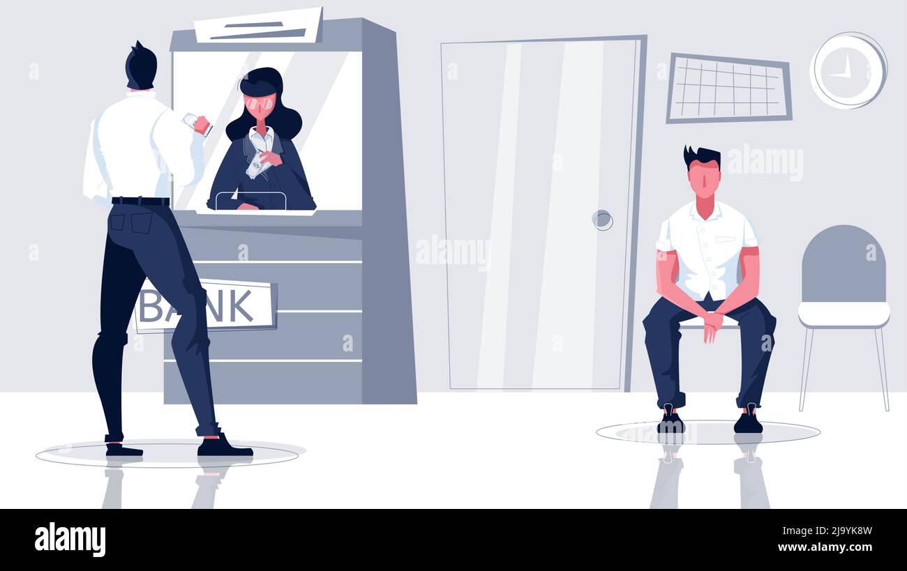 Bank cashier flat composition with indoor branch scenery and waiting ...