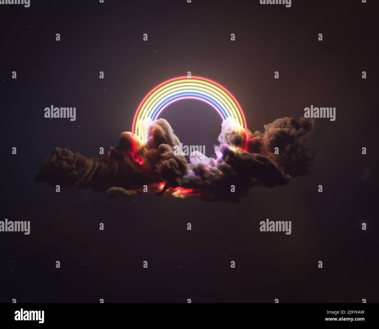 A surreal concept of a bright glowing neon rainbow in a fluffy dark ...