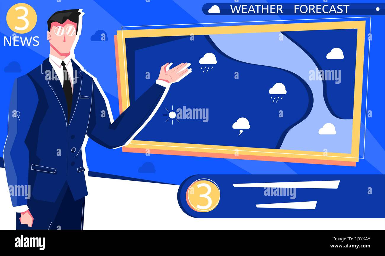 Weather forecast flat composition with character of tv host with screen ...