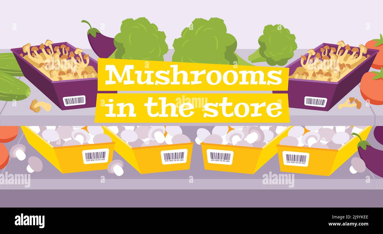 Mushrooms shop composition with images of store shelves filled with ...