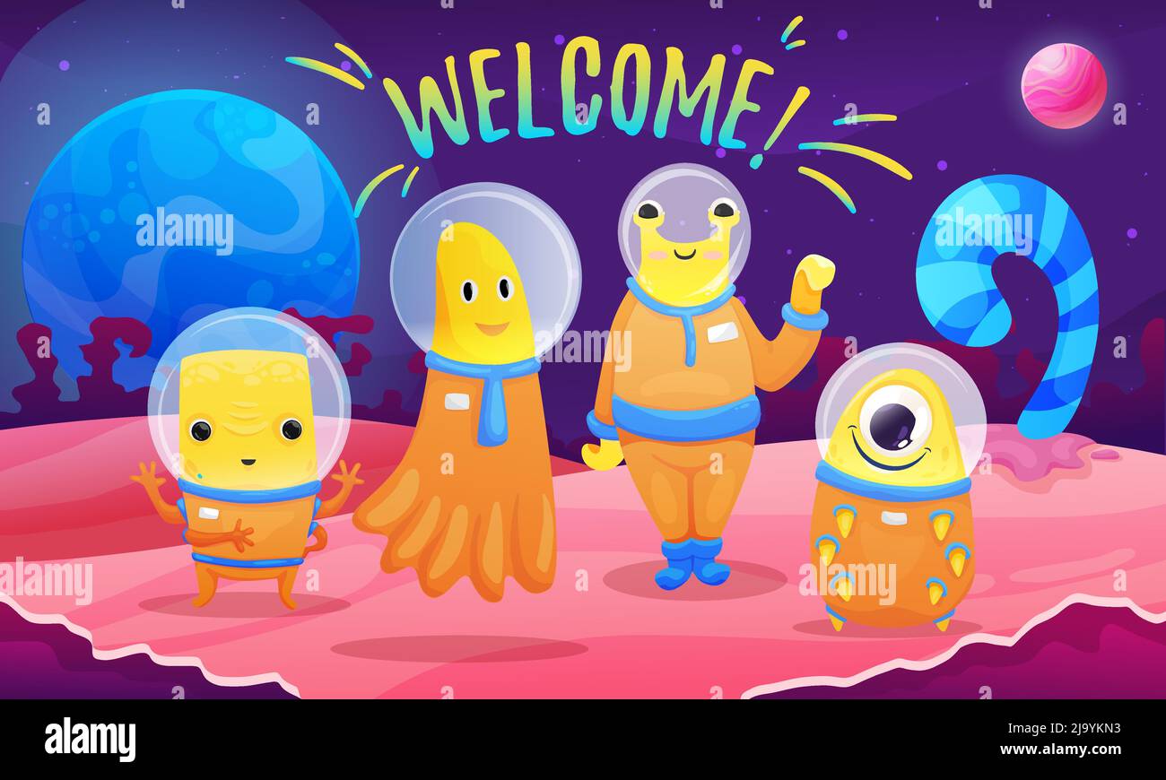 Colorful background with fantasy red planet landscape and aliens ...