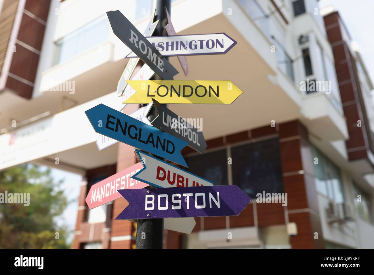 Pillar sign with pointers of different cities and countries Stock Photo ...
