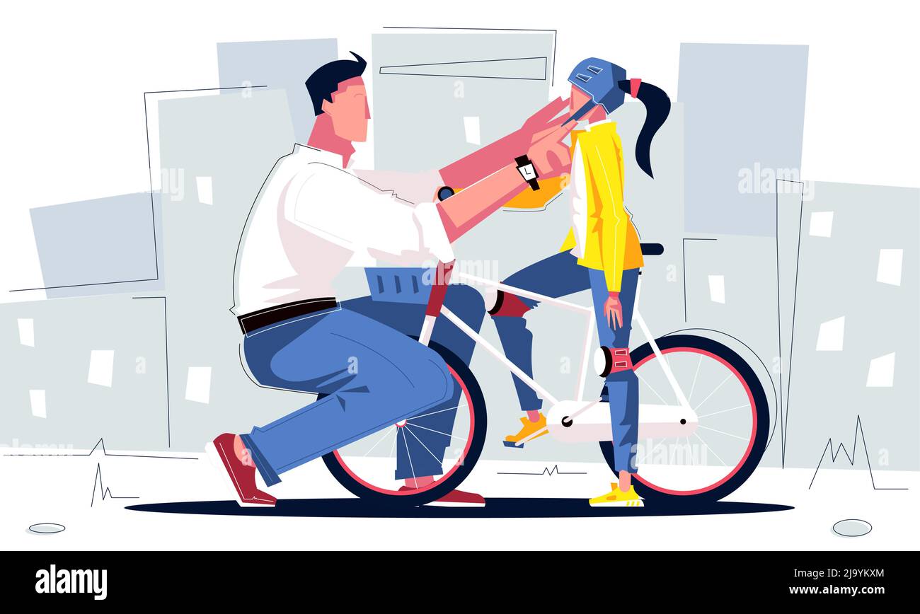 Dad bike composition with flat cityscape background and father settling ...