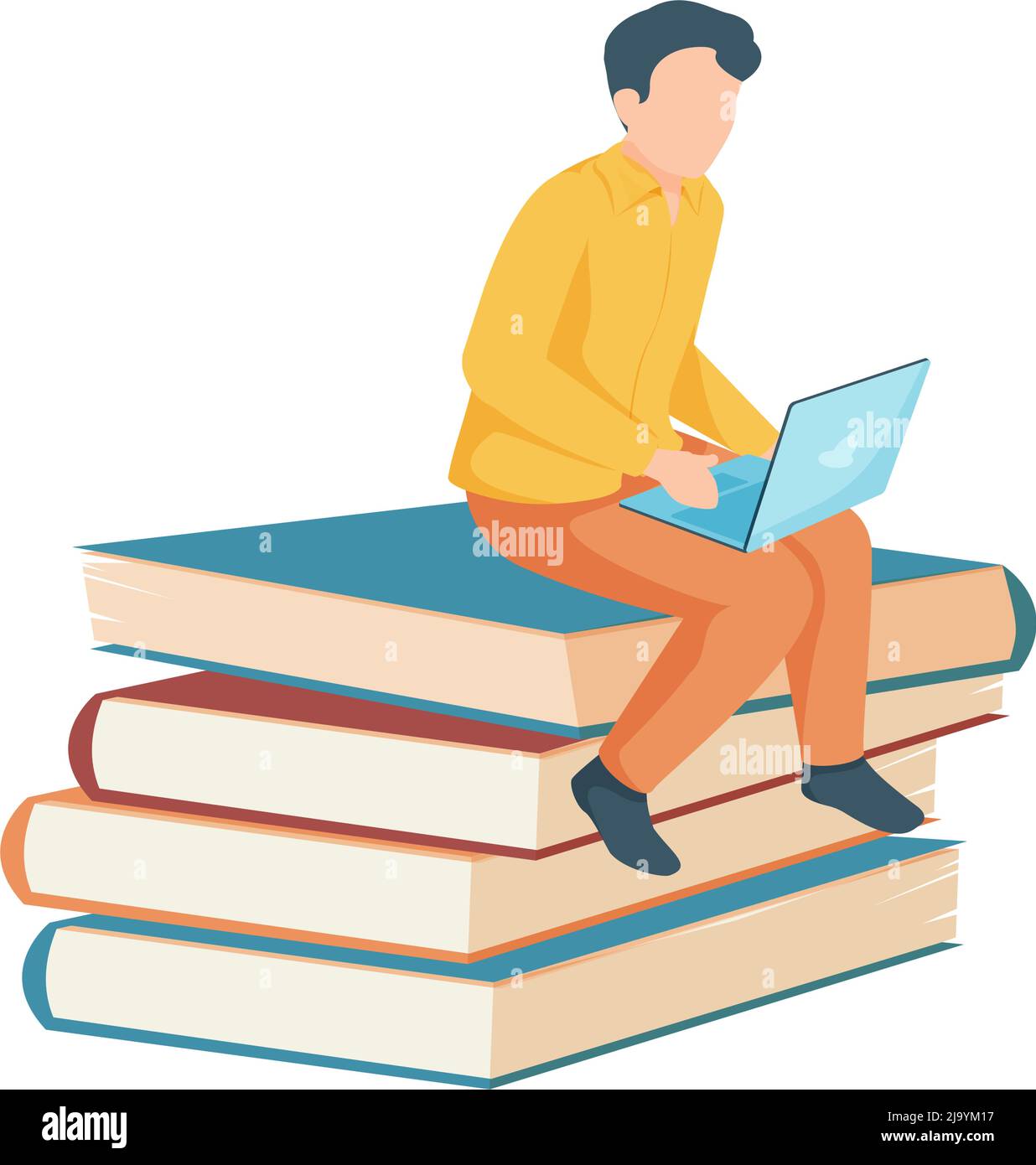 Boy student sitting on stack of books with laptop flat icon vector ...