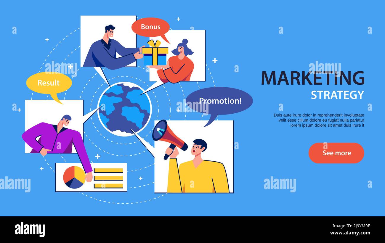 Flat horizontal banner with marketing strategy stages and human ...