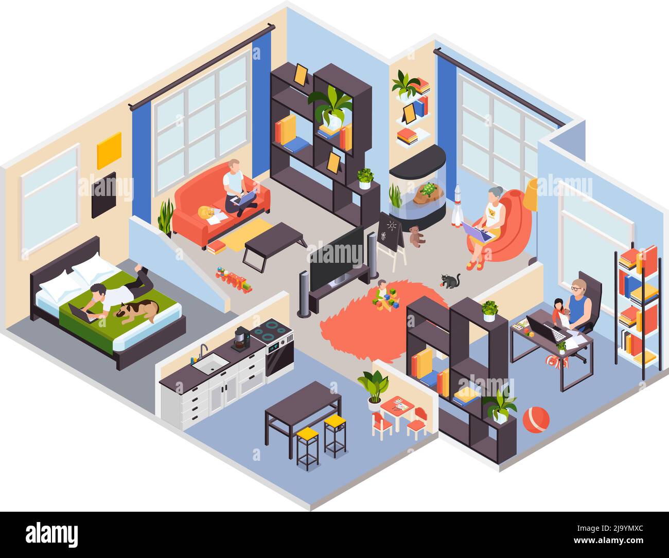 Family home remote work with laptop isometric view of bedroom living ...