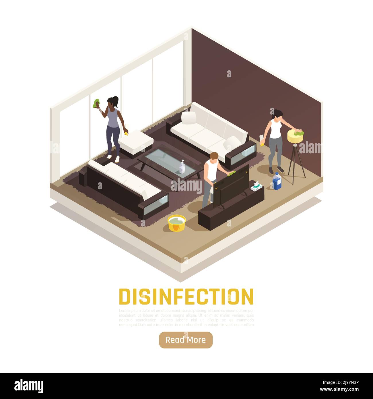 Sanitizing isometric background with editable text read more button and ...